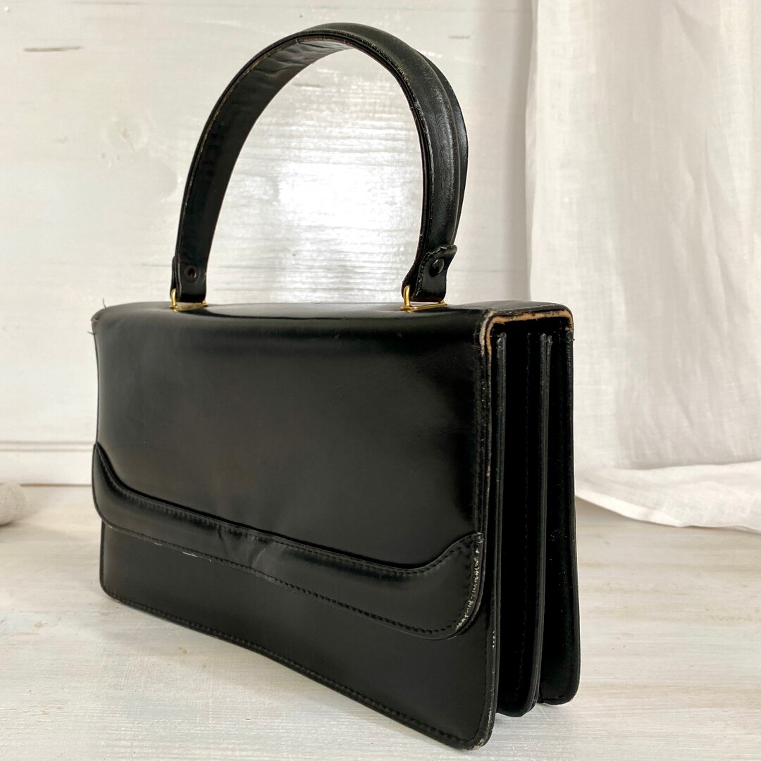50s Top Handle Black Handbag Vintage Leather Purse - Etsy