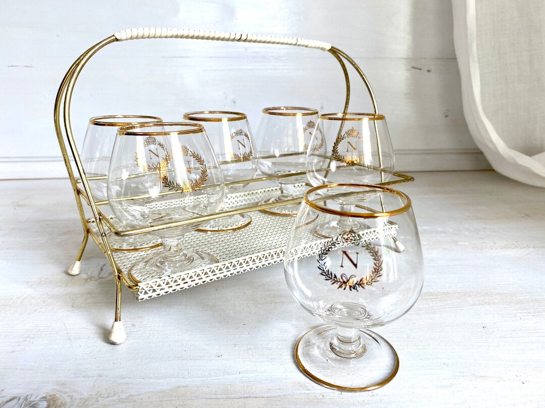 Vintage 50s Cognac Napoleon Glass Set With Rack Holder Rigitulle ...