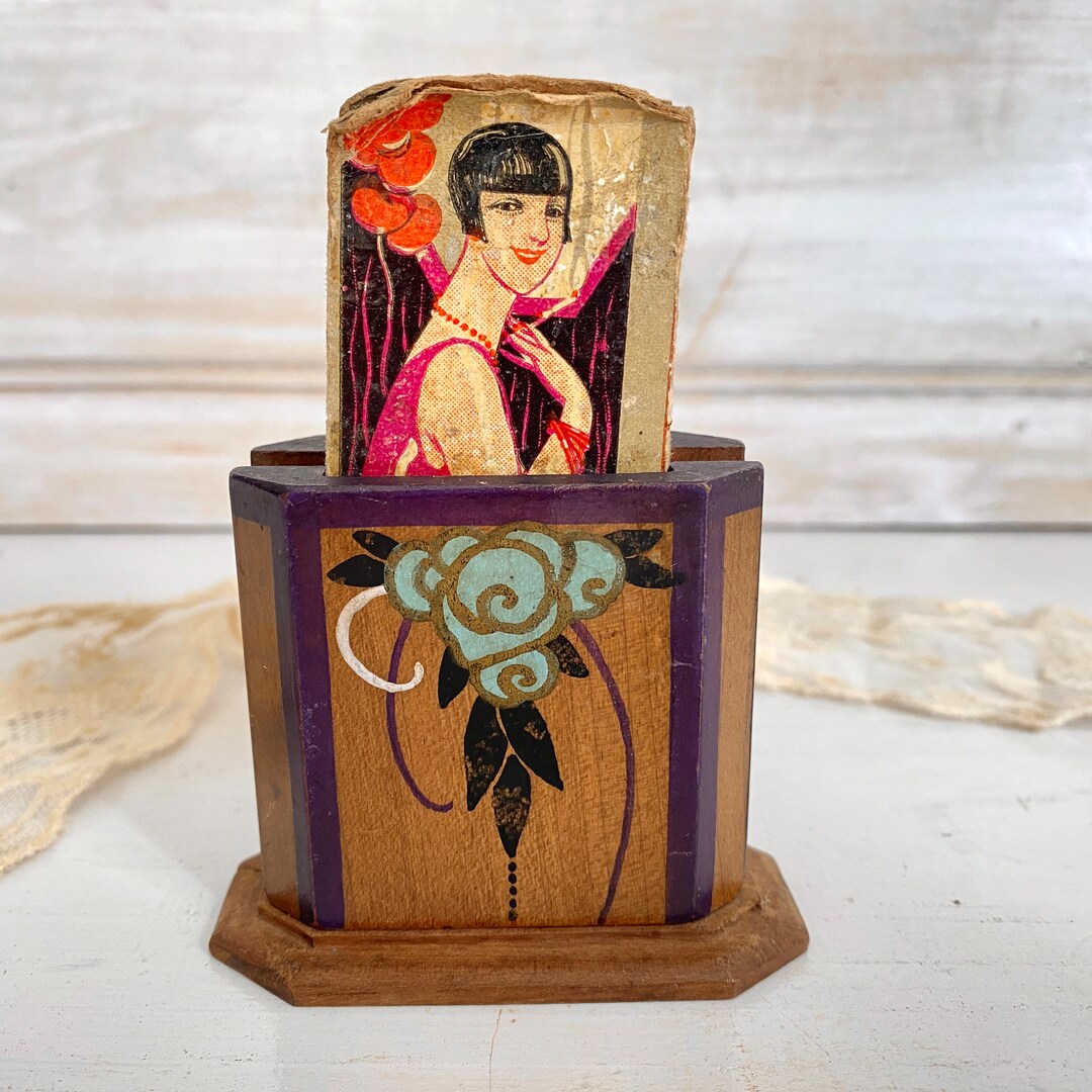 Antique Wooden Matchbox Holder French Art Deco 1920s Painted Wood Match ...