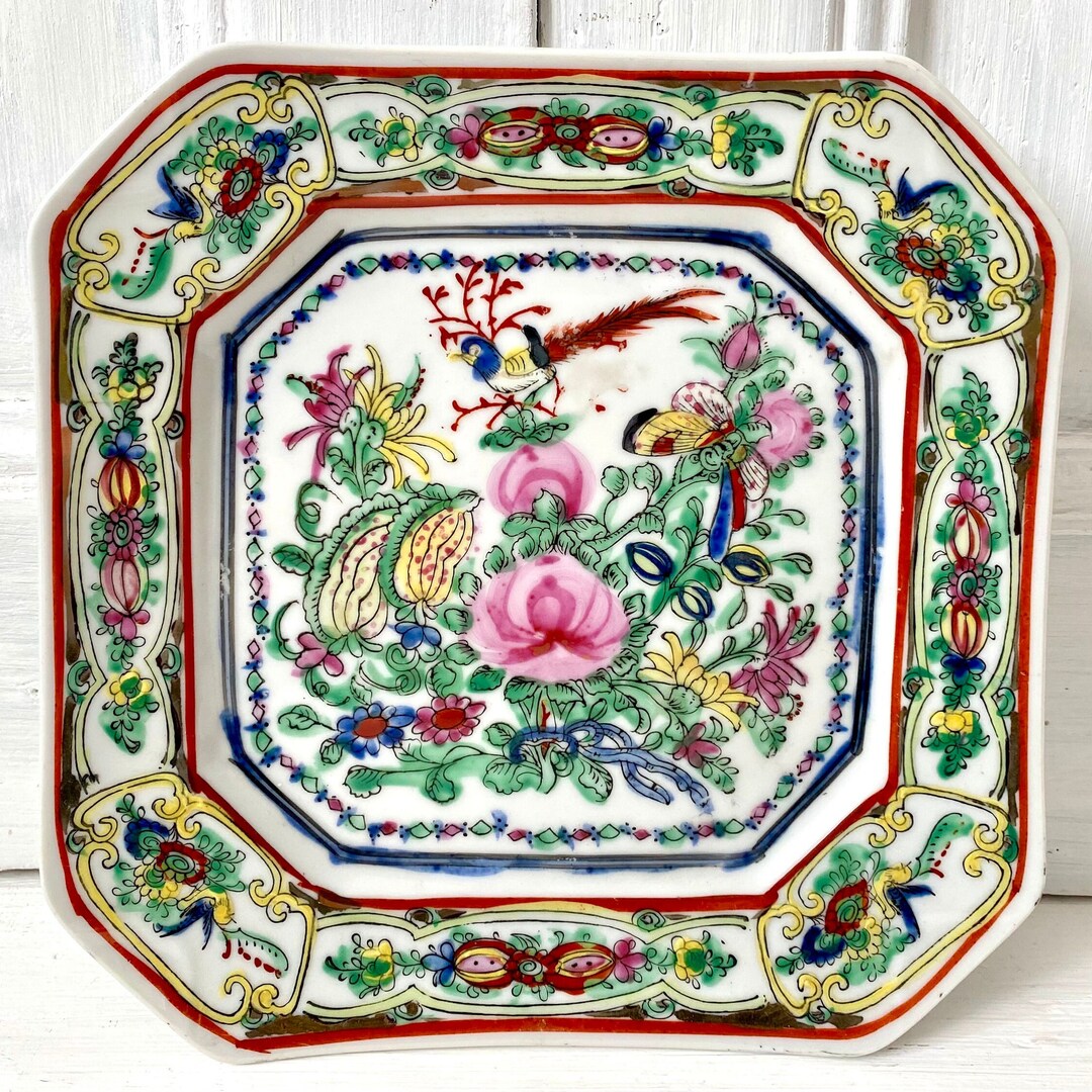 Antique Macau Plate Hand Painted Vintage Porcelain Square Dish Oriental ...