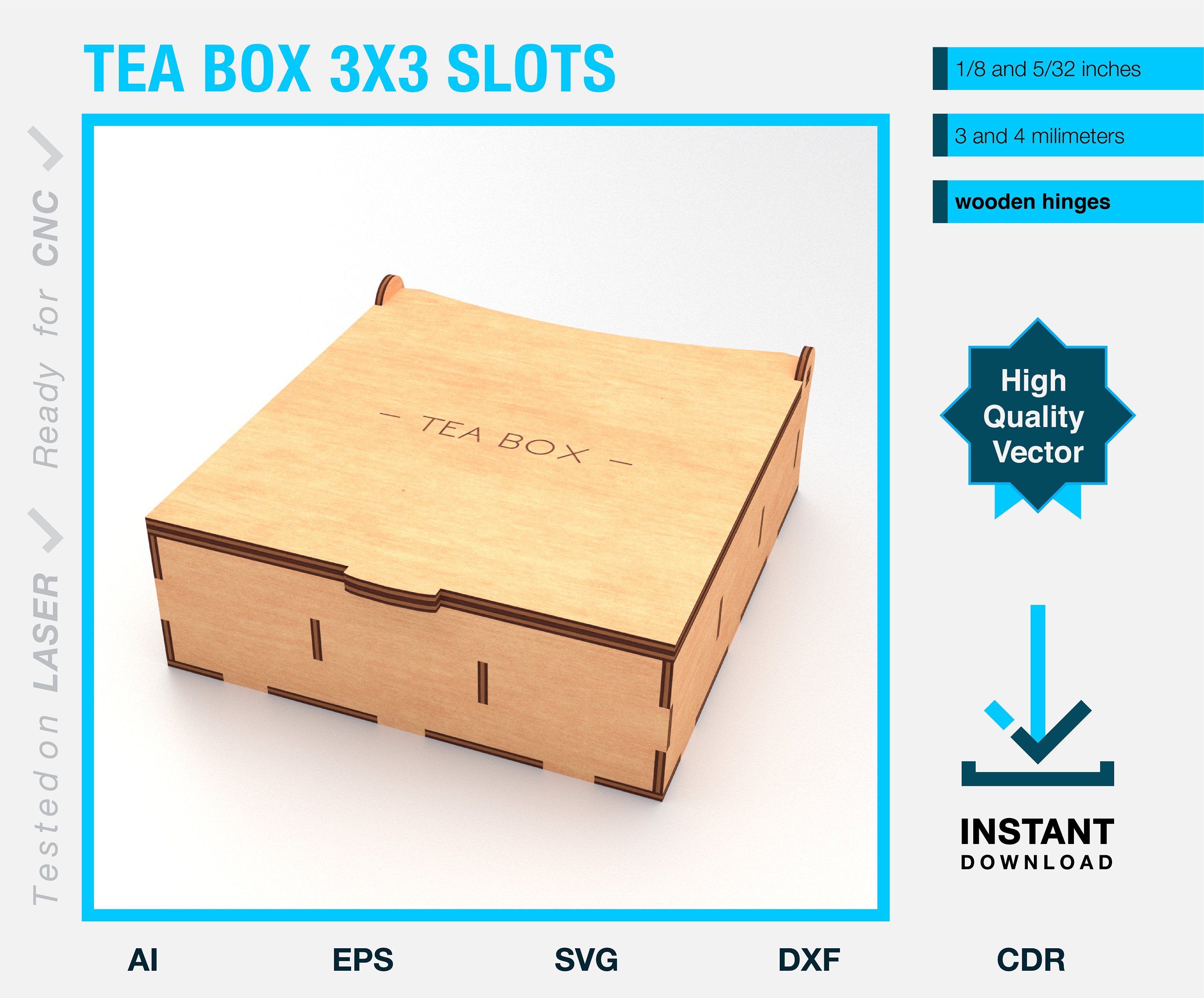 Tea Box Organizer Vector File - Laser Cut Project Template - 9 Slots ...