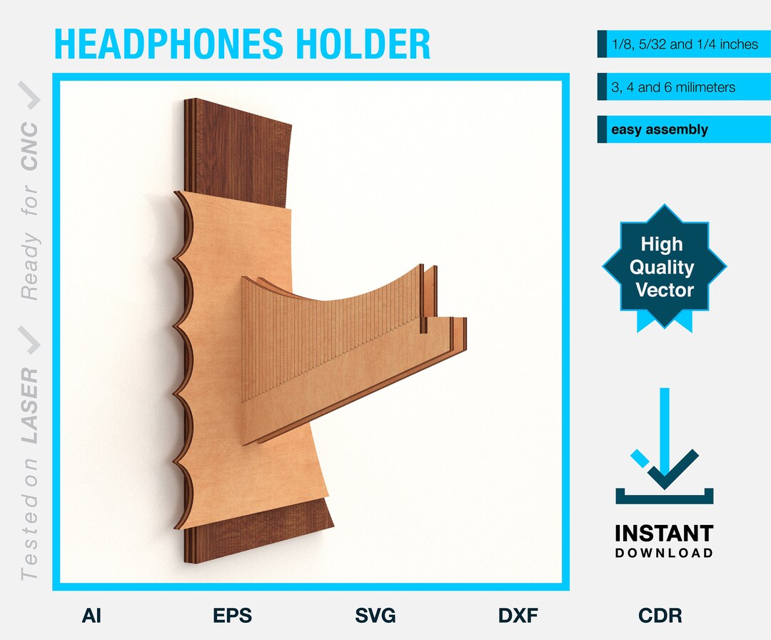 Headphones Holder - Laser Cut Vector File - Modernist Design - Project ...