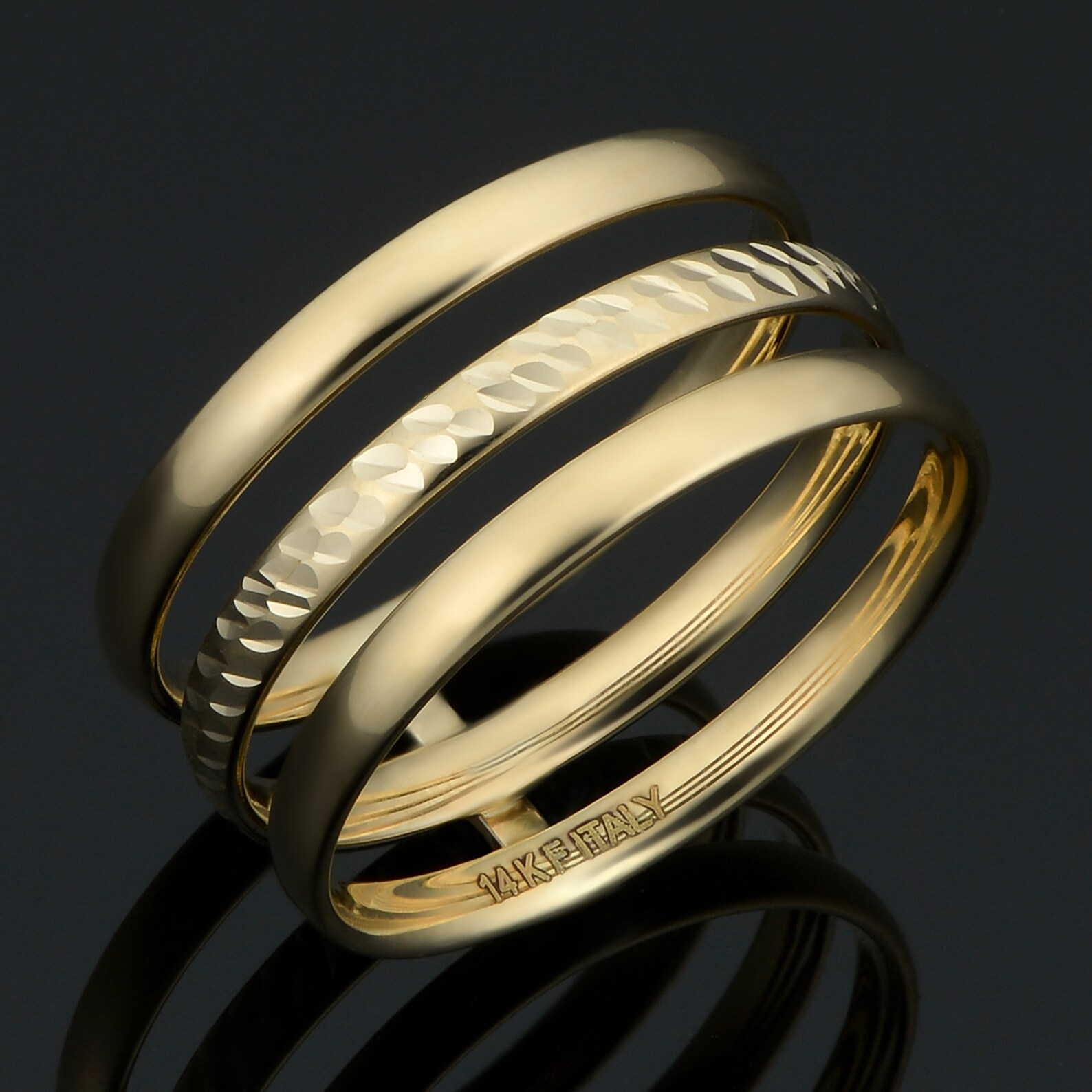 14k Yellow Gold 10mm Diamond-cut Finish Triple Band Ring | Etsy