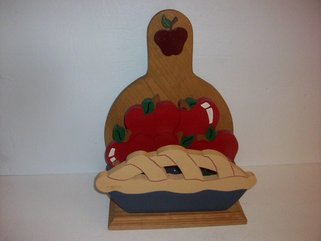 Wooden Paper Plate Holder With Apples and Apple Pie Design, Vintage ...
