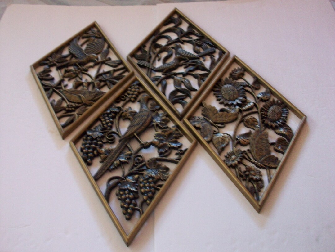 Diamond Shaped Wall Plaques With Birds, Butterflies, and Flowers - Set ...