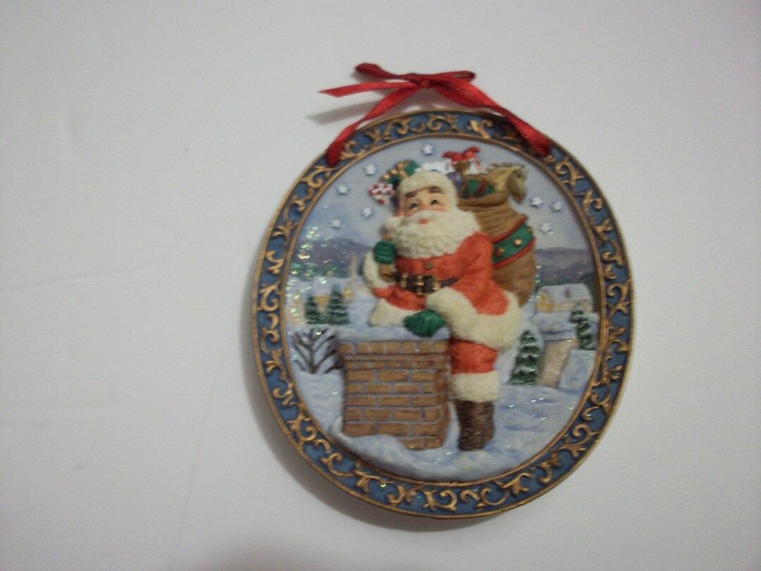 Santa Coming Down Chimney Ornament by Carlton Cards, Vintage rooftop ...