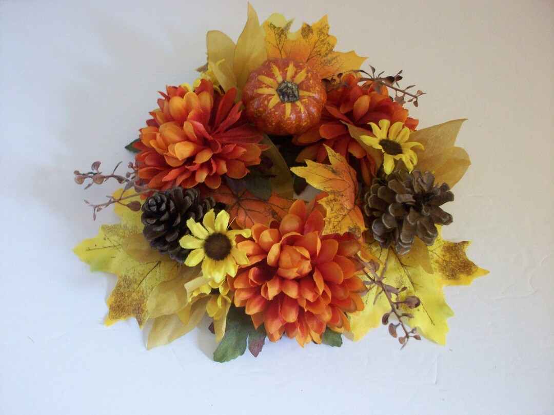 Vintage Fall Themed Fabric and Plastic Candle Ring, Artificial Autumn ...
