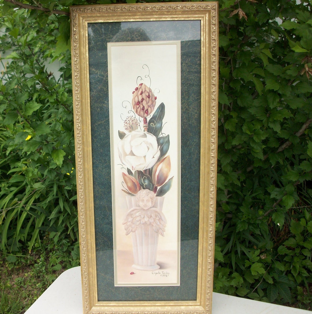 Glynda Turley 1998 Print Magnolias in a Cherub Vase, Vintage Framed ...