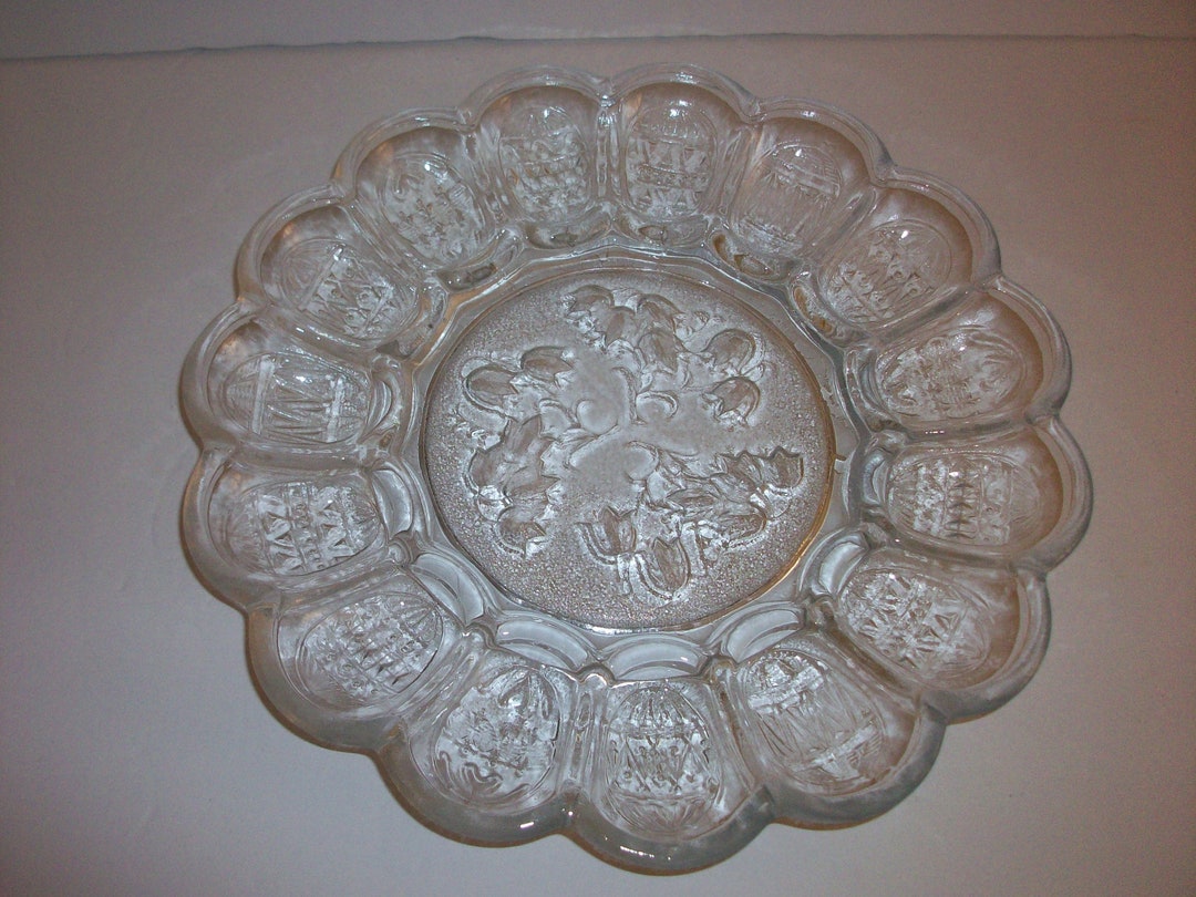 Glass Deviled Egg Plate With Floral and Decorated Eggs Design, Vintage ...