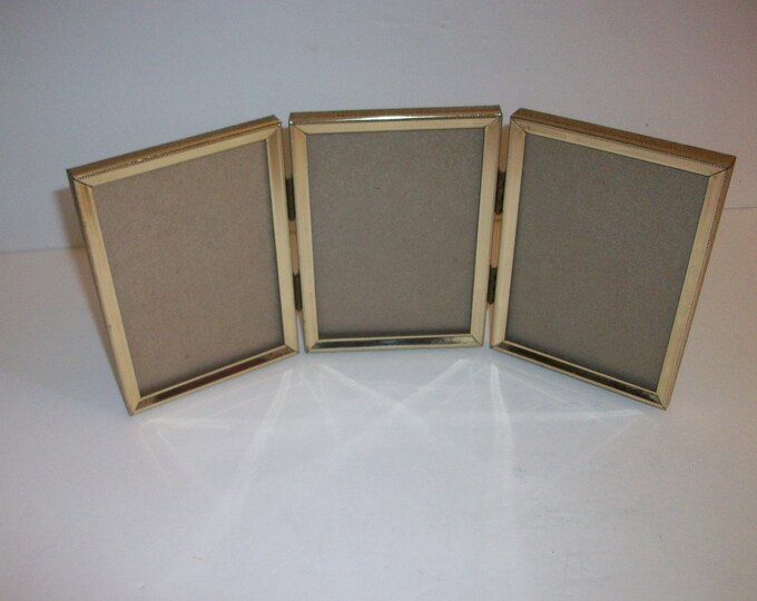 Vintage Gold Tone Metal Tri-fold Hinged Tabletop Picture Frame, Triple ...