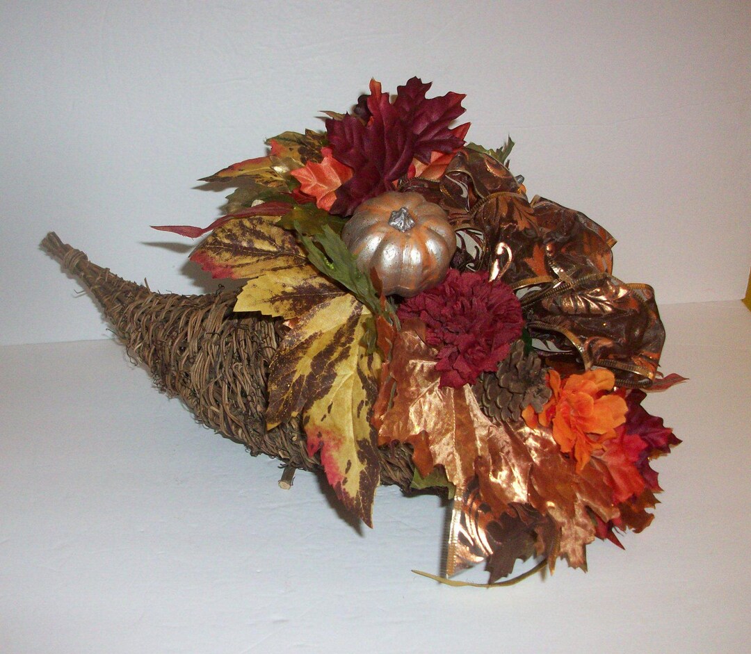 Grapevine Cornucopia Basket With Fabric Flowers, Horn of Plenty With ...