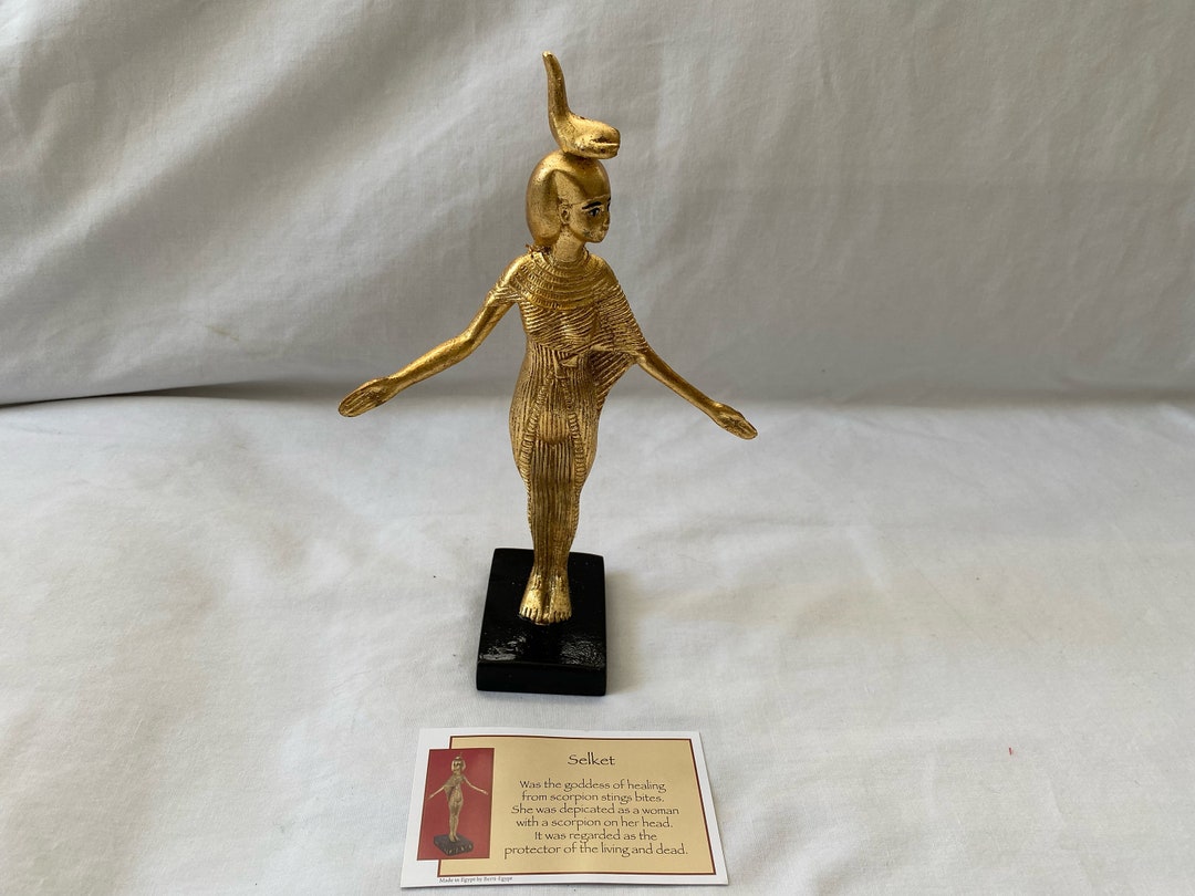 Egyptian Goddess Selket Statue Resin Gold on Black Base Handmade Medium ...