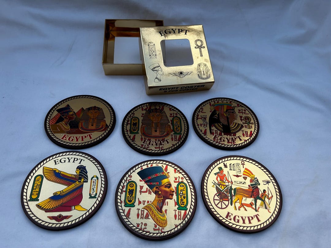 Egyptian Wood Silver Plated and Gold Plated Coaster Isis Nefertiti Tut ...