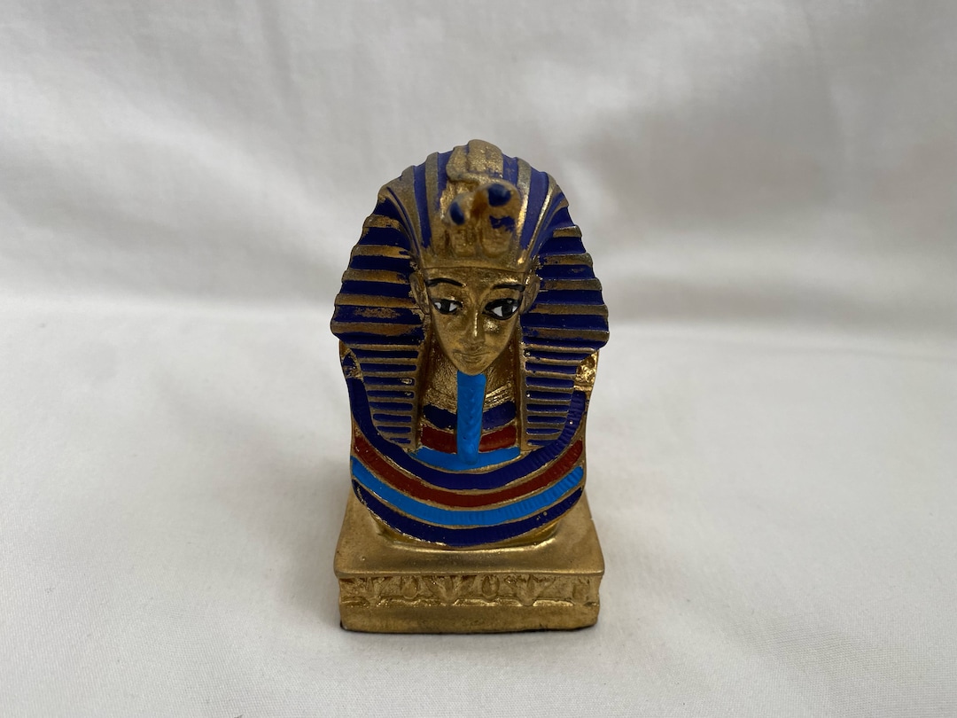 Small Egyptian King Tut Mask Resin Statue on Gold Base Multi-color Blue ...