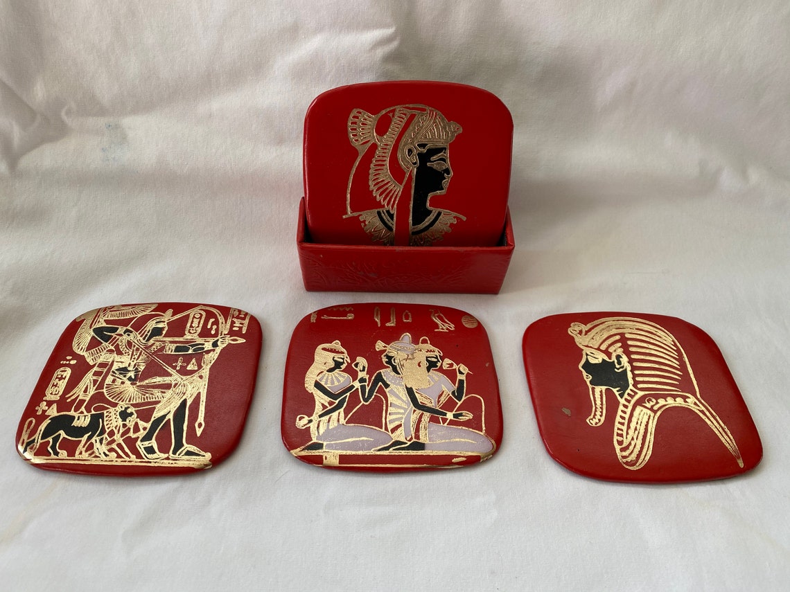 Egyptian Camel Leather Coaster Set 7 Pieces Tut Nefertiti - Etsy