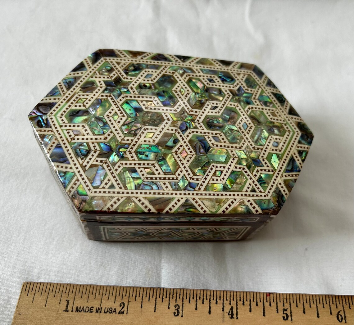 Egyptian Inlaid Paua Shell Stars Hexagonal Jewelry Box Handmade Green ...