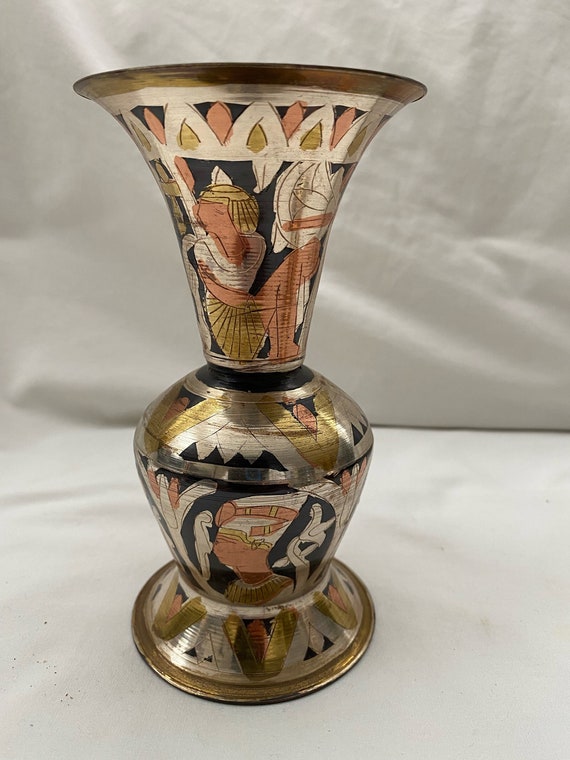 Egyptian Brass Oxidized Hand Etched Vase Pharaoh Designs | Etsy