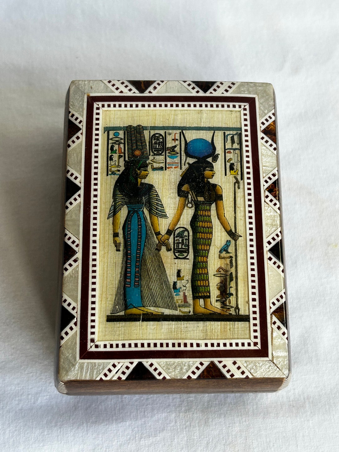 Egyptian Wooden Mother of Pearl Papyrus Painting Inlaid Jewelry Box ...