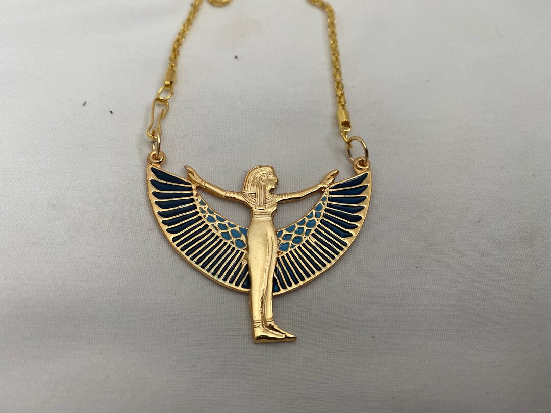 Egyptian Gold Plated Metal Blue Winged Isis Necklace Chain 1.75" Great ...