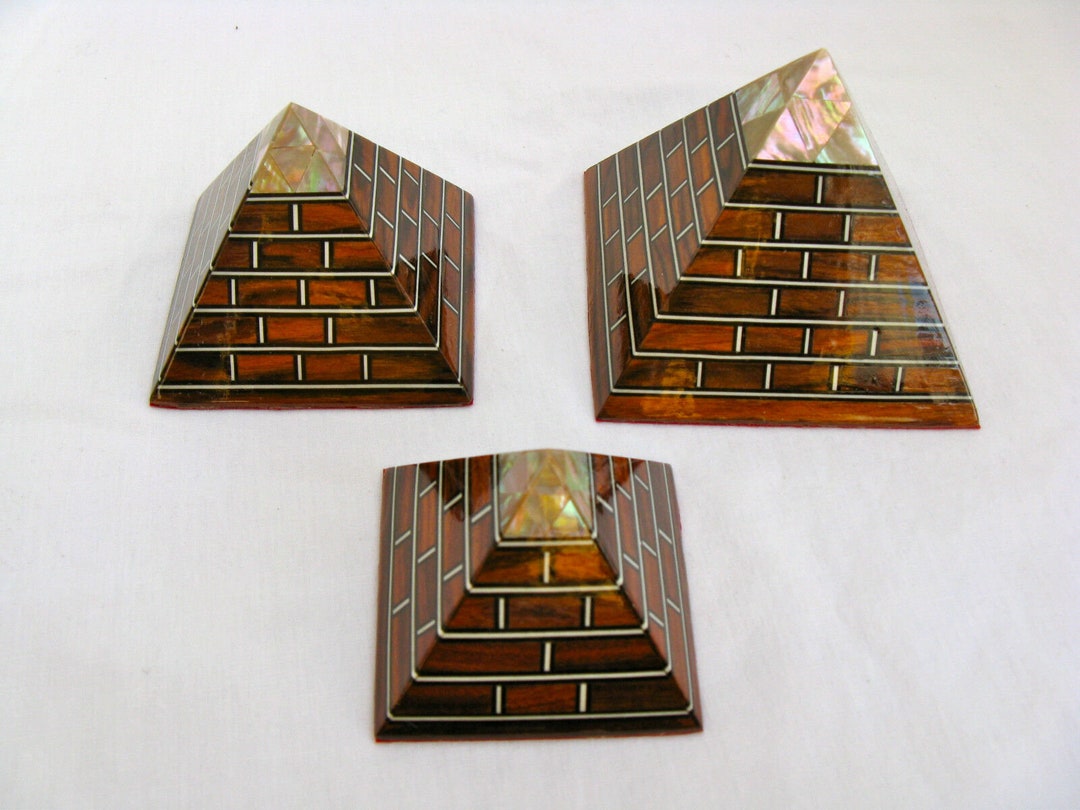 Large Egyptian Beech Wood Pyramid Set Inlaid Shell Brown 3 Pieces 3 ...