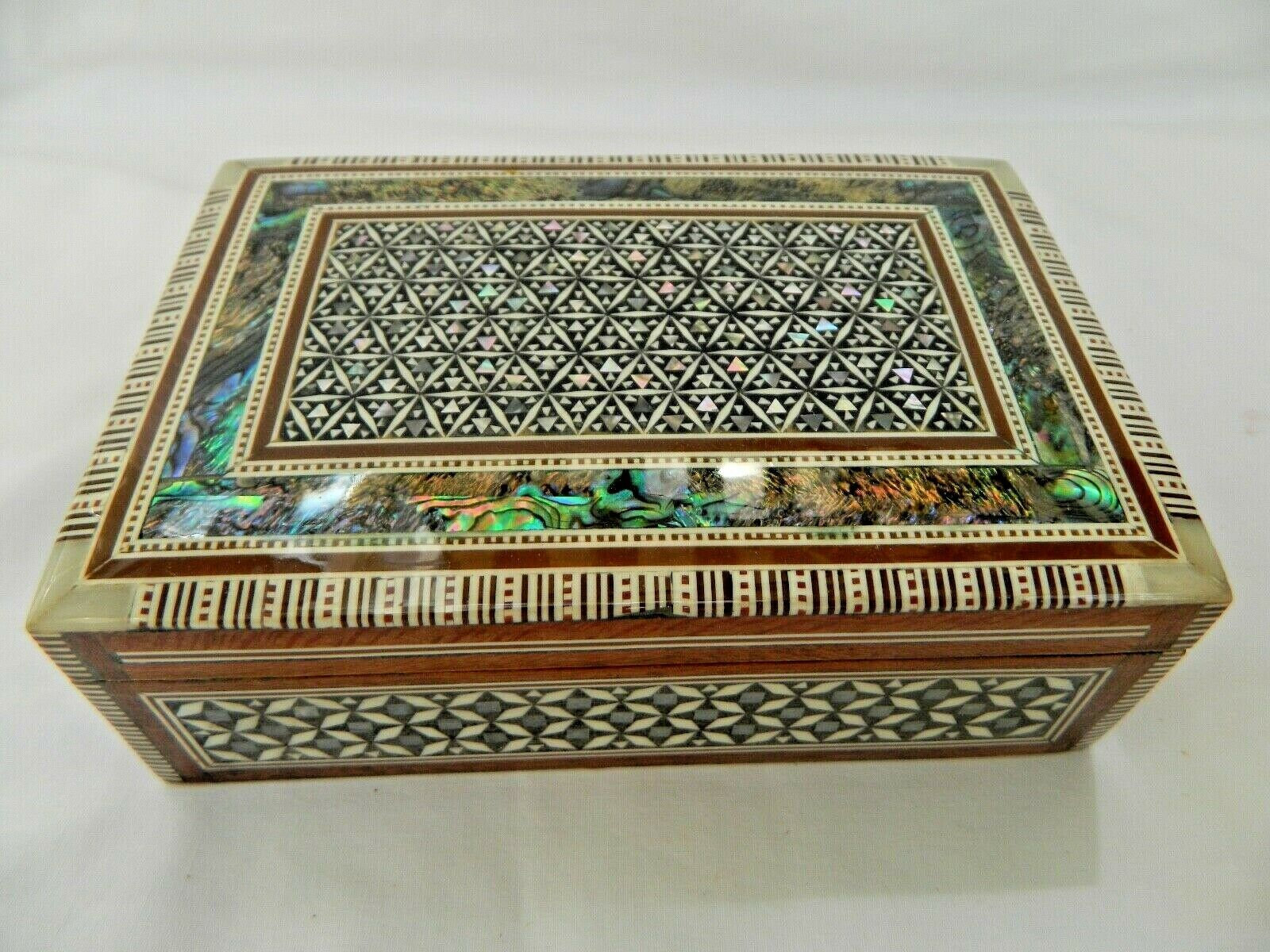 Egyptian Wooden Mother of Pearl Paua Inlaid Jewelry Box Handmade 6.25"x ...