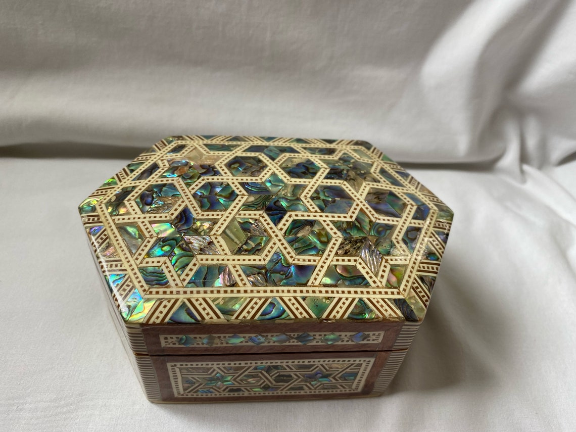 Egyptian Inlaid Paua Shell Stars Hexagonal Jewelry Box Handmade Green ...