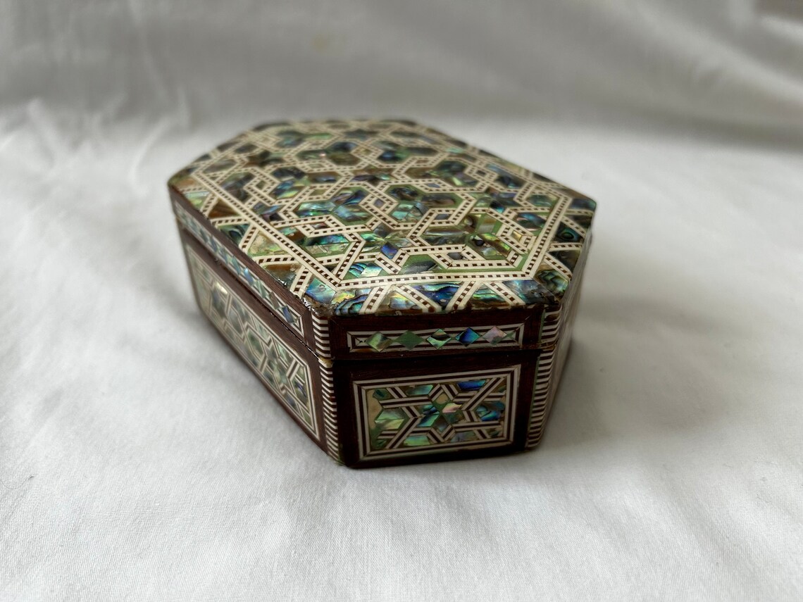 Egyptian Inlaid Paua Shell Stars Hexagonal Jewelry Box Handmade Green ...