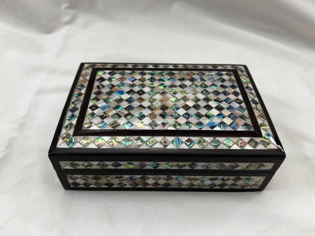 Egyptian Inlaid Paua Shell Mother of Pearl Black Jewelry Box Handmade ...