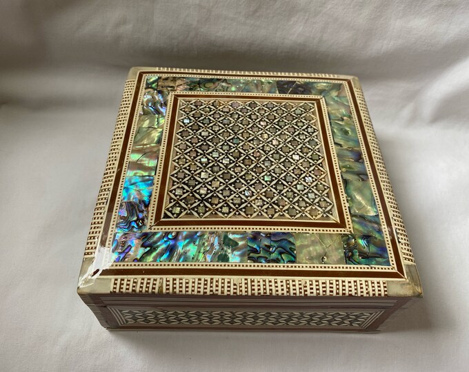 Egyptian Inlaid Wooden Square Mother of Pearl Paua Shell Jewelry Box 6. ...