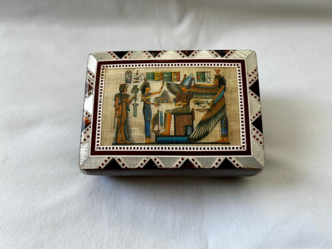 Egyptian Wooden Mother of Pearl Papyrus Painting Inlaid Jewelry Box ...