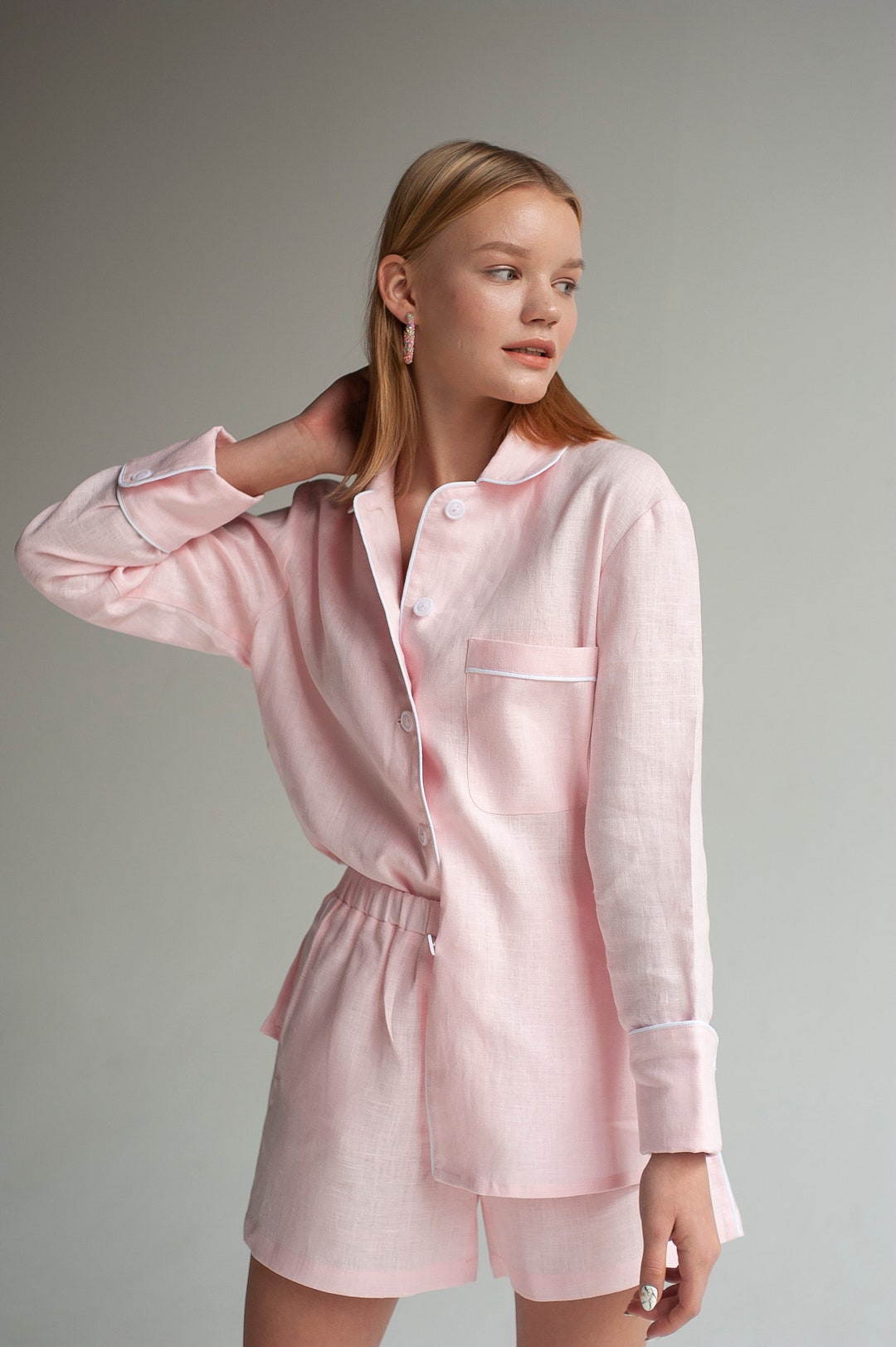 Linen Pajama Set Shorts, Pink Pajama Set, Linen Sleep Set, Linen ...