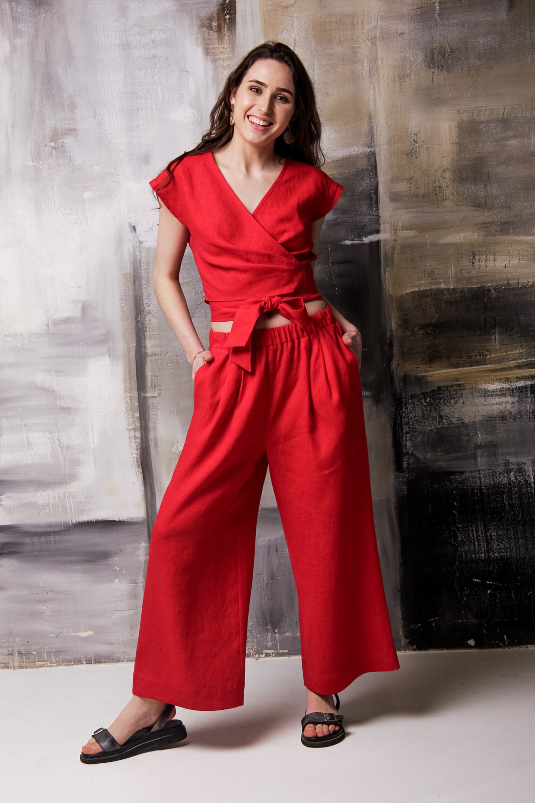 Red Linen Suit Linen Two Piece Set Linen Suit Women Crop - Etsy
