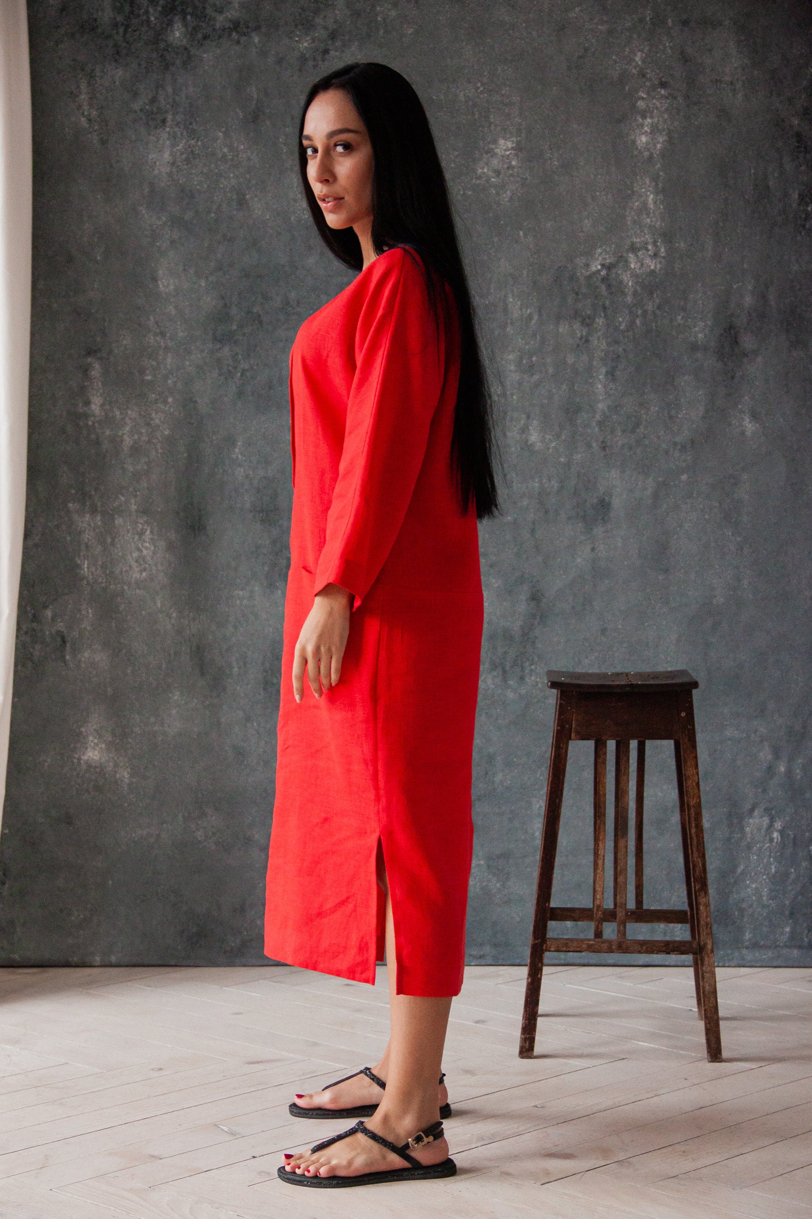 Linen Dress for Woman,red Linen Dress,elegant Linen Dress,summer Linen ...