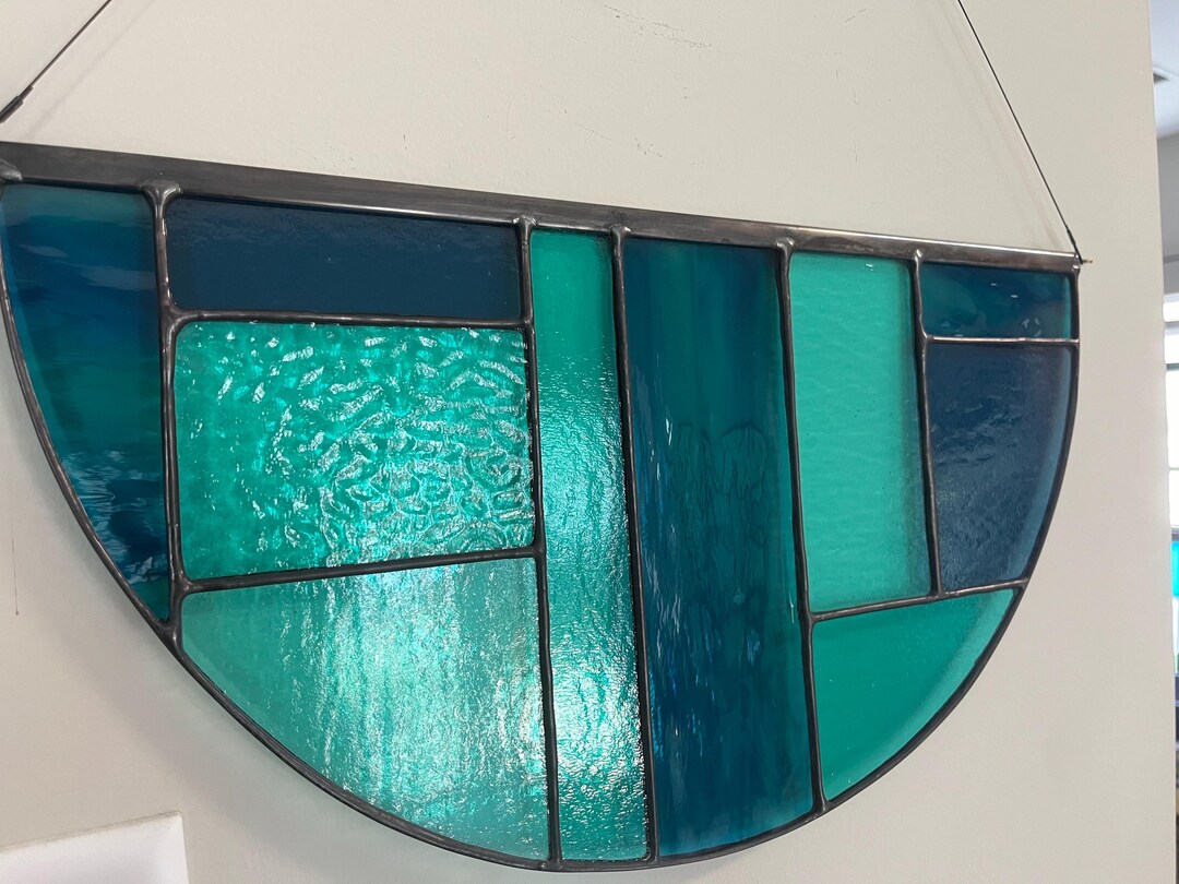 Stained Glass Geometric Semicircle Panel - Blues and Aqua - Etsy