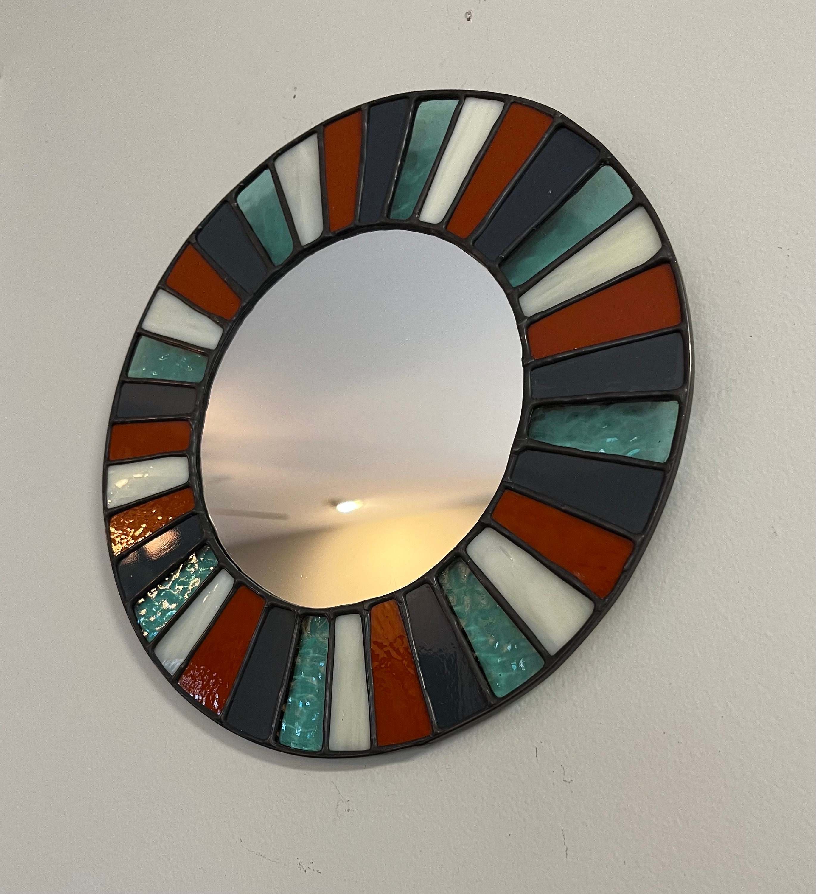 Stained Glass Mirror- Terra Cotta , Charcoal, Bone and Blue Multi Color ...