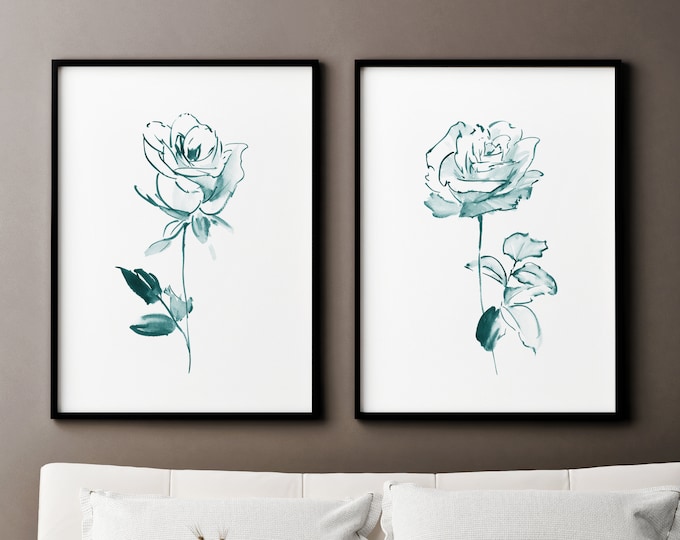Teal Turquoise Flower Line Drawing, Watercolor Print Set of 2, Roses ...