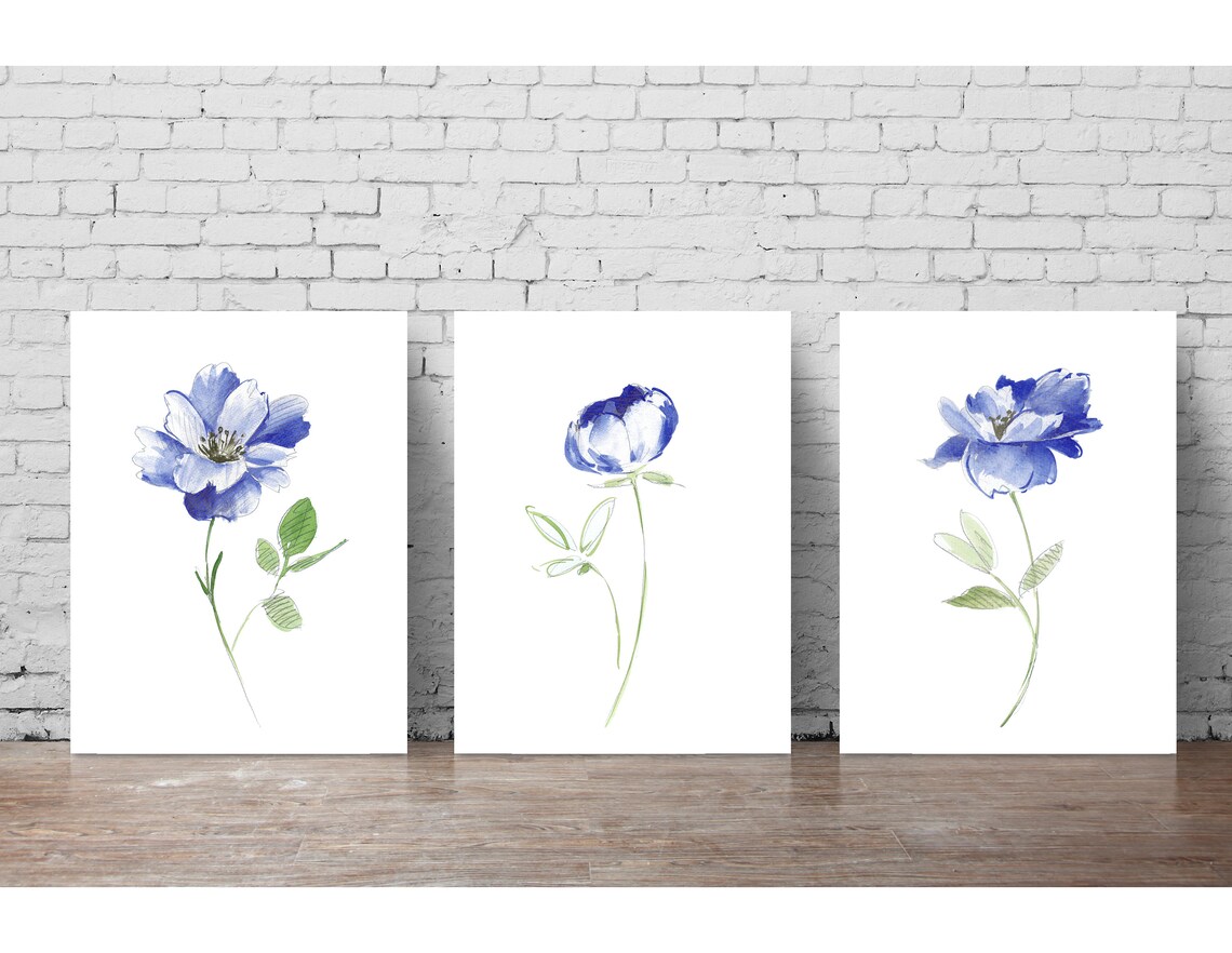 Blue Peony Watercolor Sketch Illustration Print Set of 3 Blue - Etsy