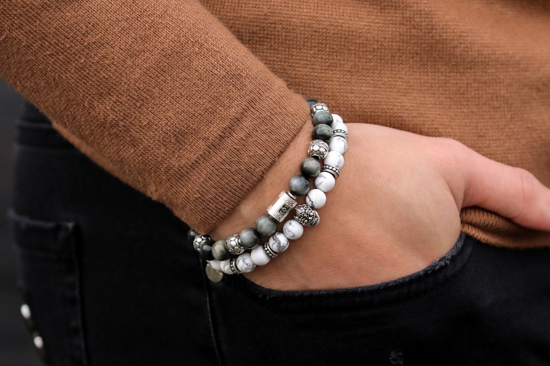White Howlite Bead Bracelet, White Stone Bracelet, Gemstone Stretch ...