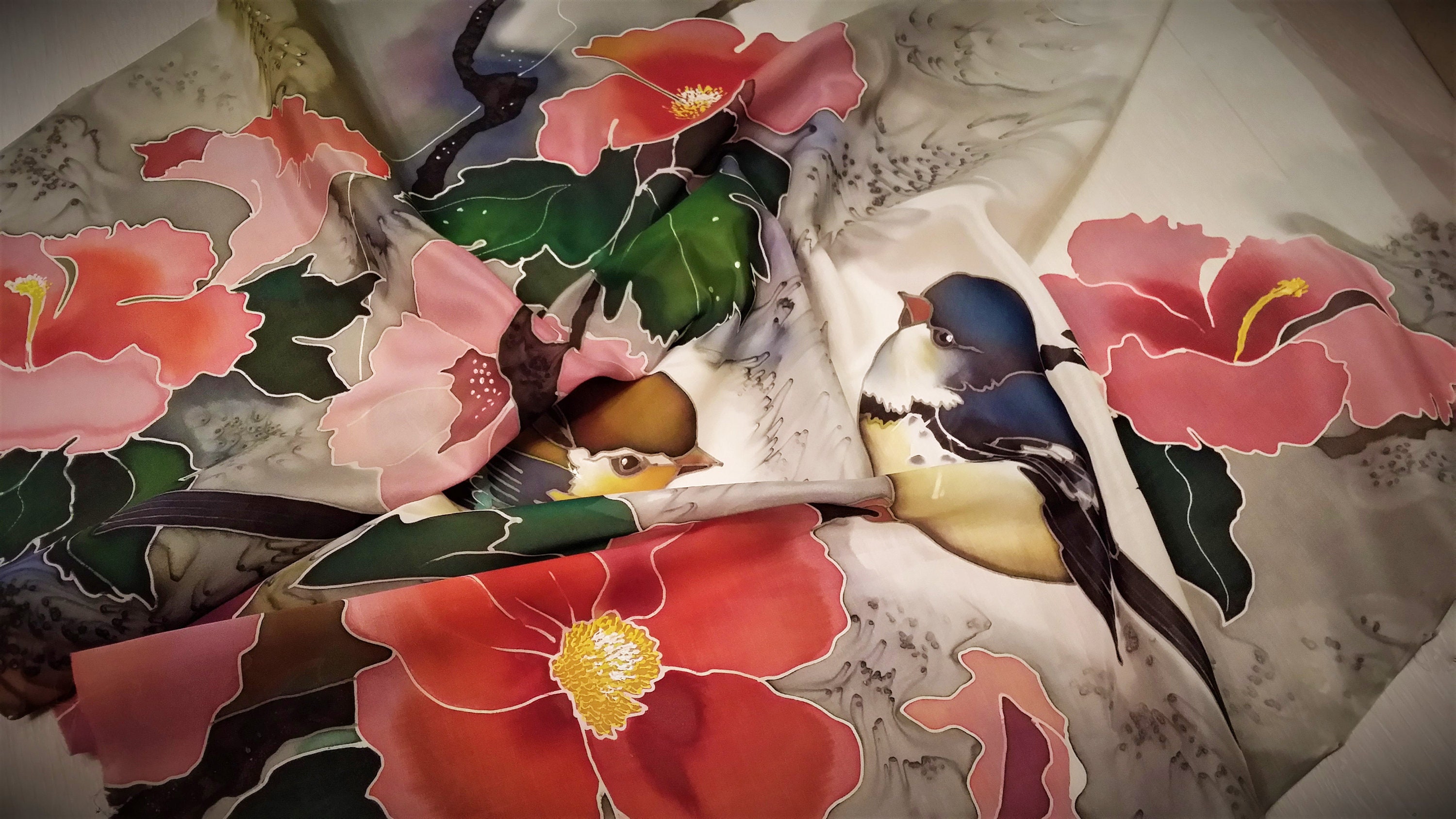 Hand Painted Silk Shawl Birds and Pink Flowers - Etsy