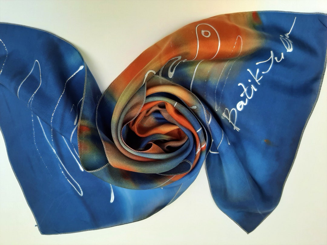 Blue Small Silk Scarf Hand Painted Abstract Neck Silk Scarf Women ...