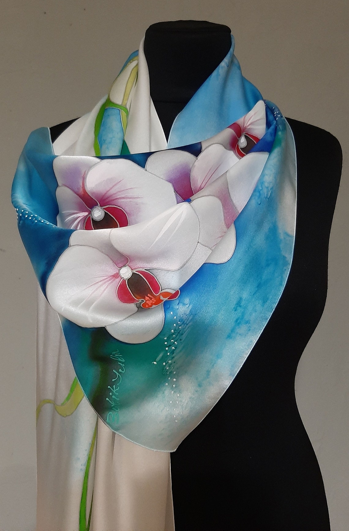 Hand painted silk scarf White Purple Orchids | Etsy