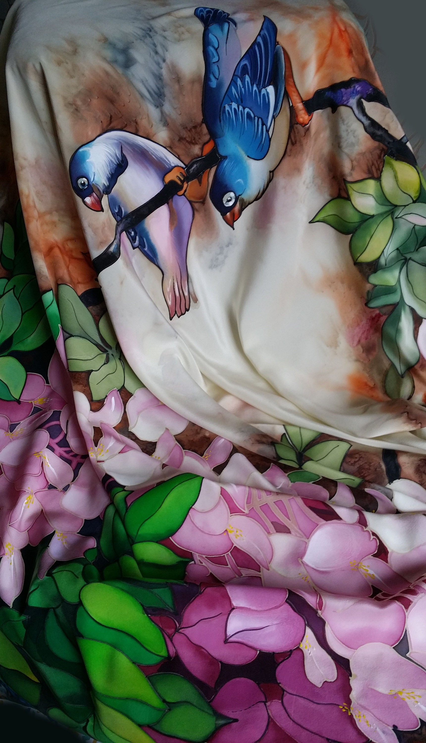 Hand Painted Large Silk Shawl Birds and Wisteria Flower Shawl Wedding ...