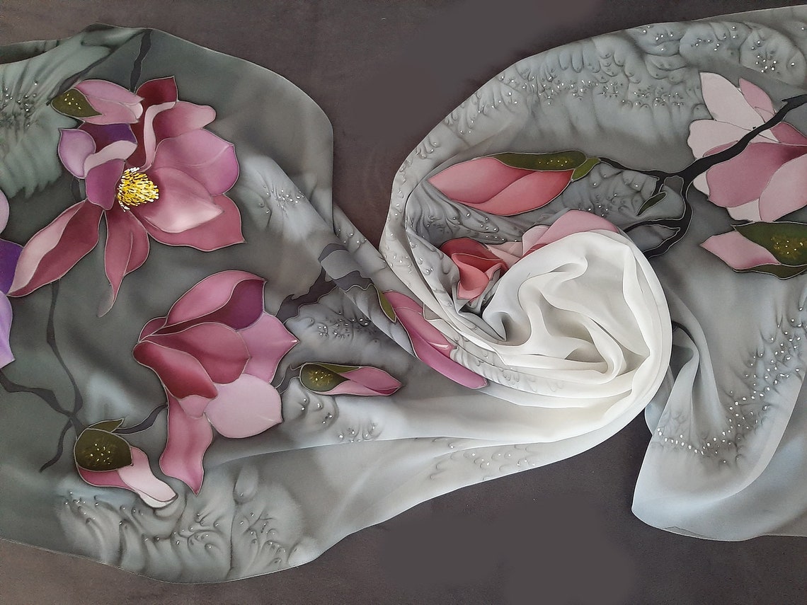 Hand Painted Silk Scarf Pink Magnolias Gift for Her Mothers - Etsy
