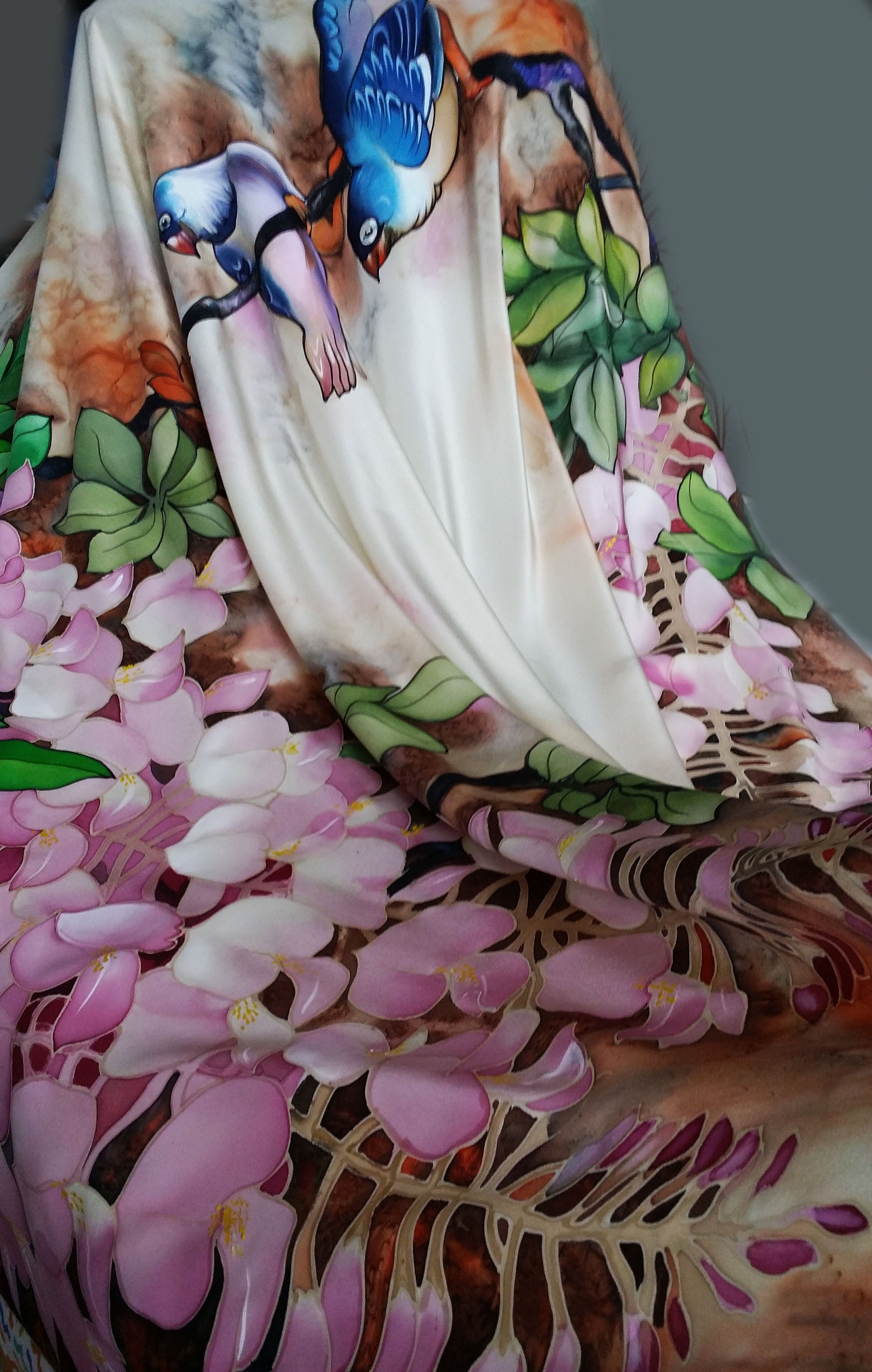 Hand Painted Large Silk Shawl Birds and Wisteria Flower Shawl Wedding ...