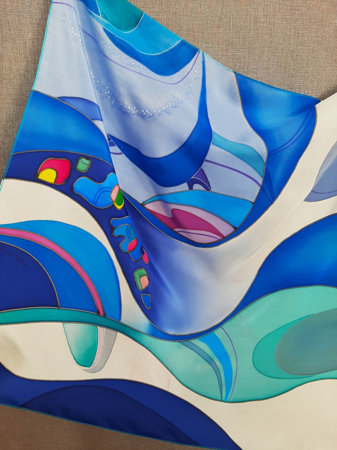 Teal Silk Scarf Women Handmade Silk Bandana Headband Hand Painted ...