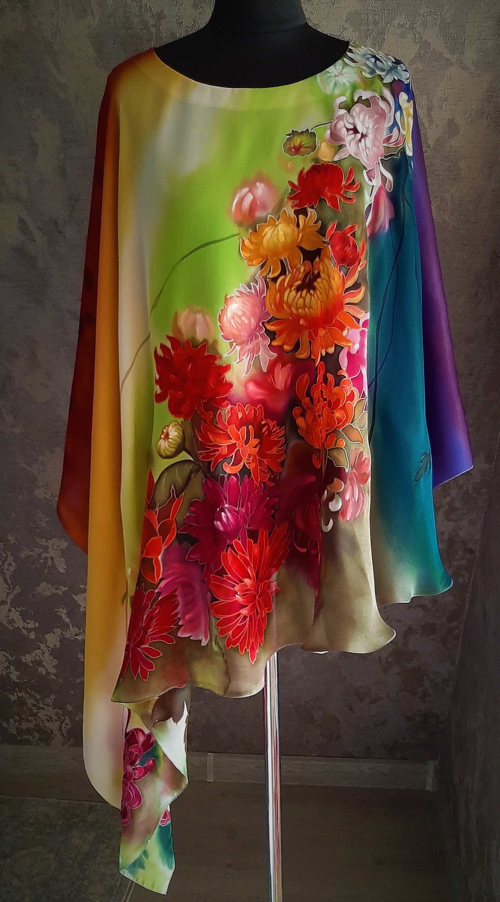 Hand Painted Silk Tunic Dahlia Аster Flowers. Silk Blouse - Etsy