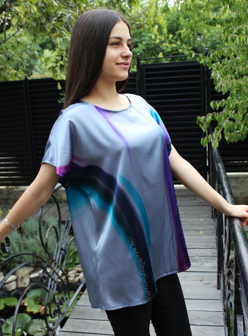 Hand Painted Pure Silk Satin Blouse, Summer Top Handmade Blue Grey ...