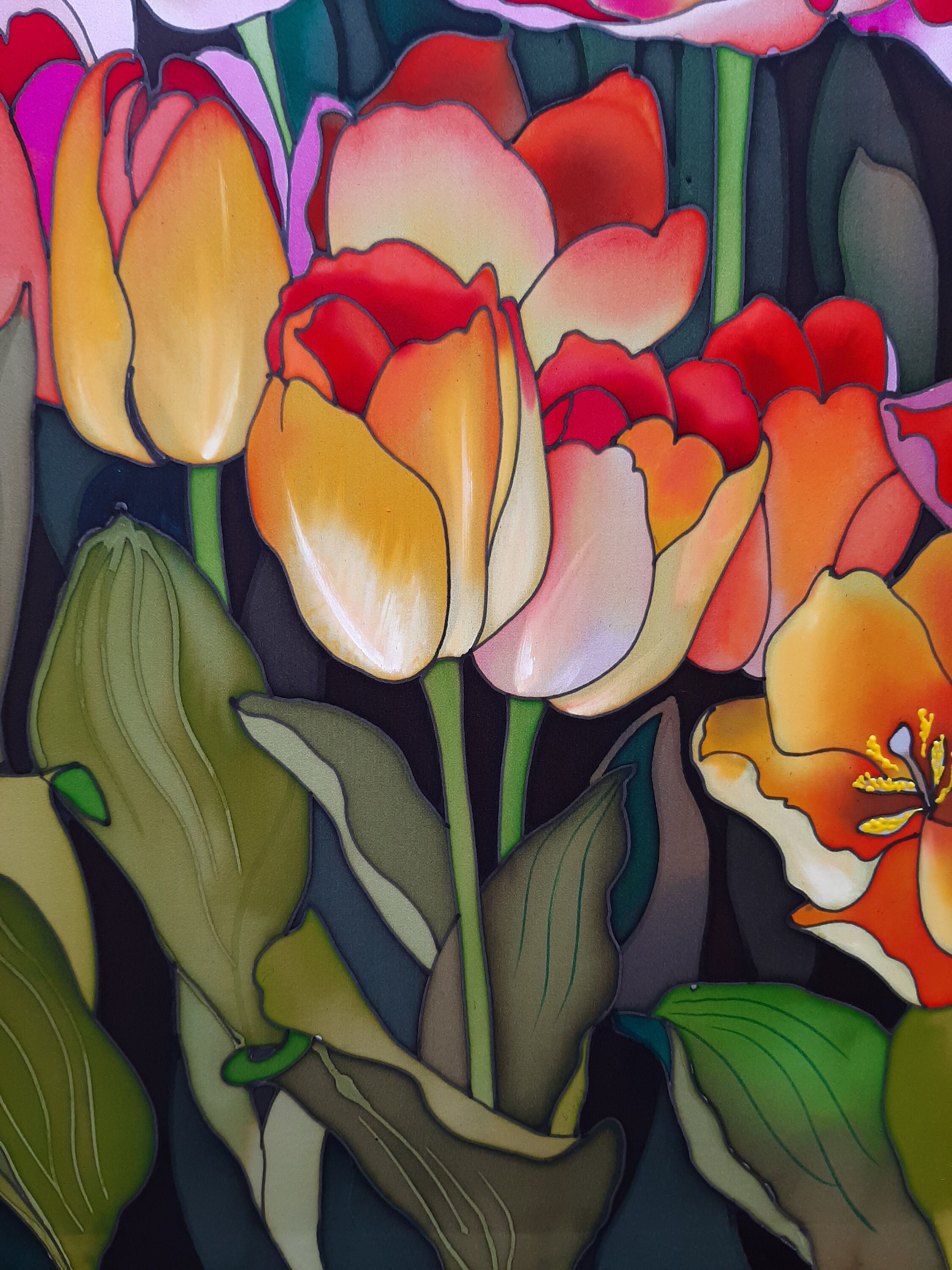 Hand Painted Silk Shawl Yellow and Purple Tulips Batik Floral - Etsy