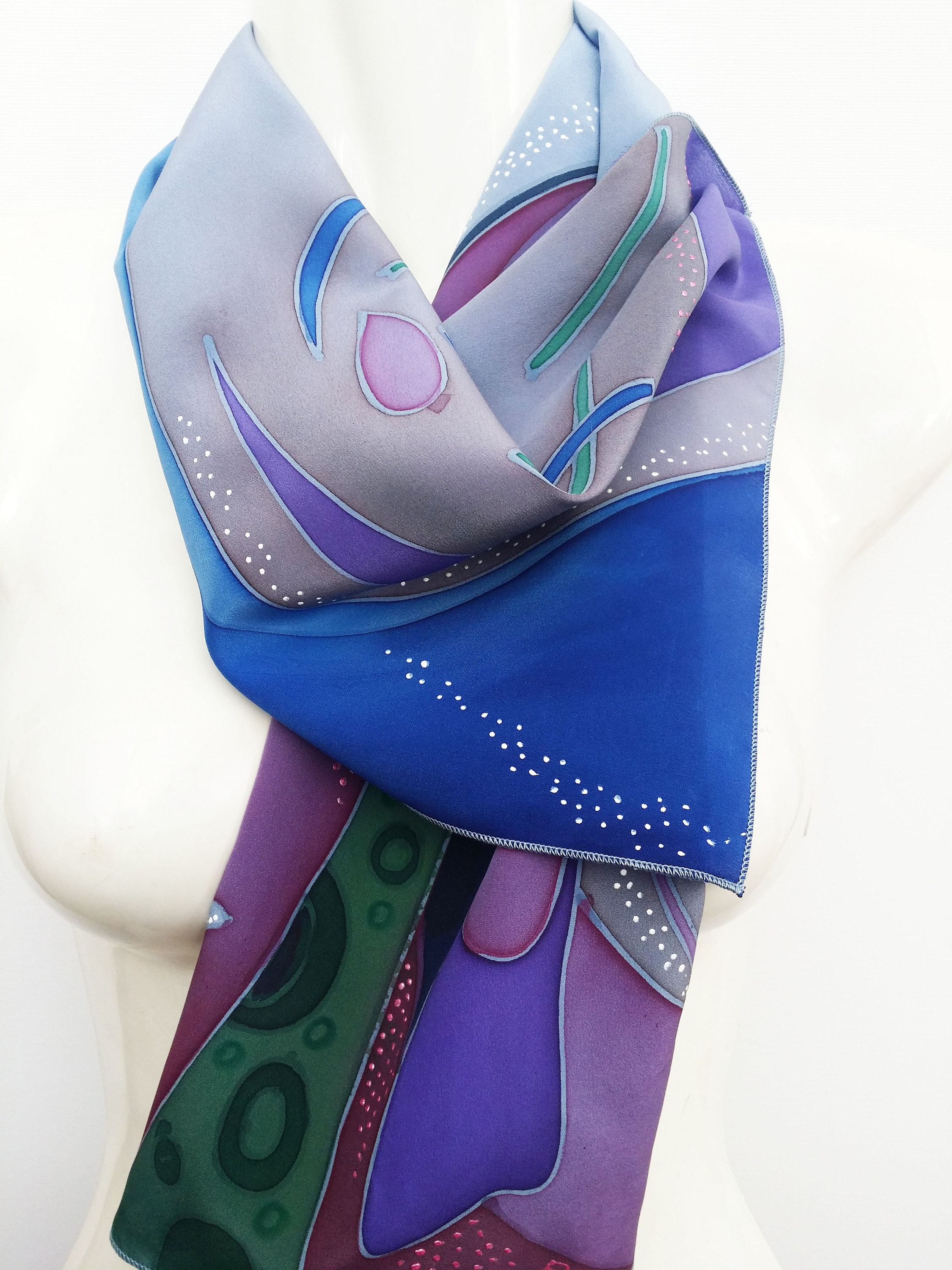 Hand Painted Small Silk Scarf Pink Blue Purple | Etsy