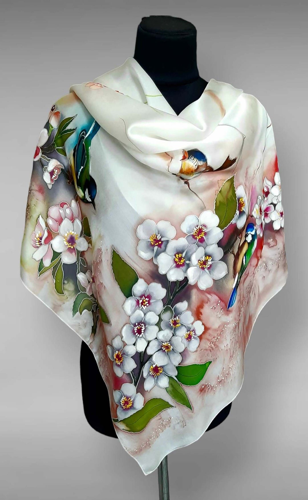 Elegant Hand Painted Silk Scarf Cherry Blossom Wedding White Large Silk ...